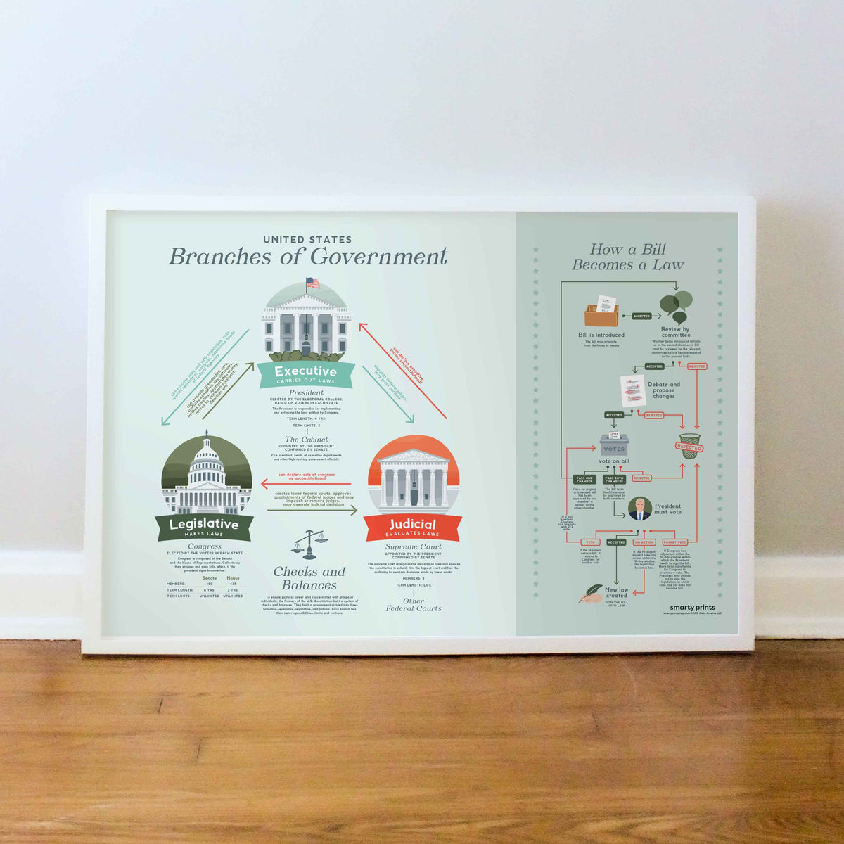 USA Government Poster, US Capitol, Senate, White House, Checks & Balan ...