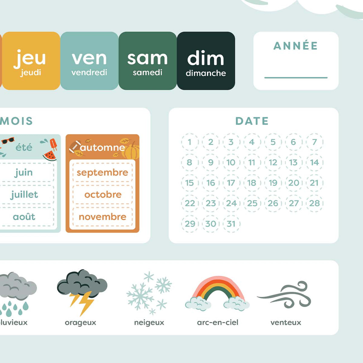 French Daily Morning Board Printable Placemat, Kids Daily Calendar, We ...